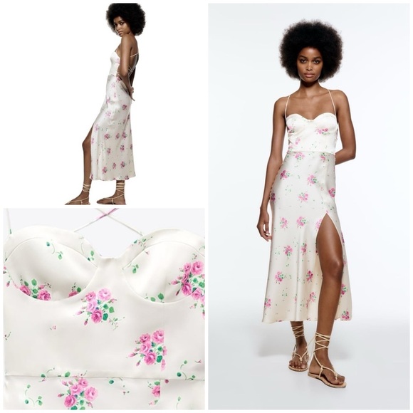 Zara | Dresses | Nwt Zara Floral Roses Lace Up Lace Back Satin Effect ...